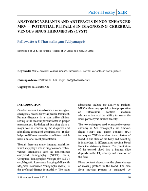 (PDF) Anatomic variants and artefacts in non enhanced MRV – potential ...