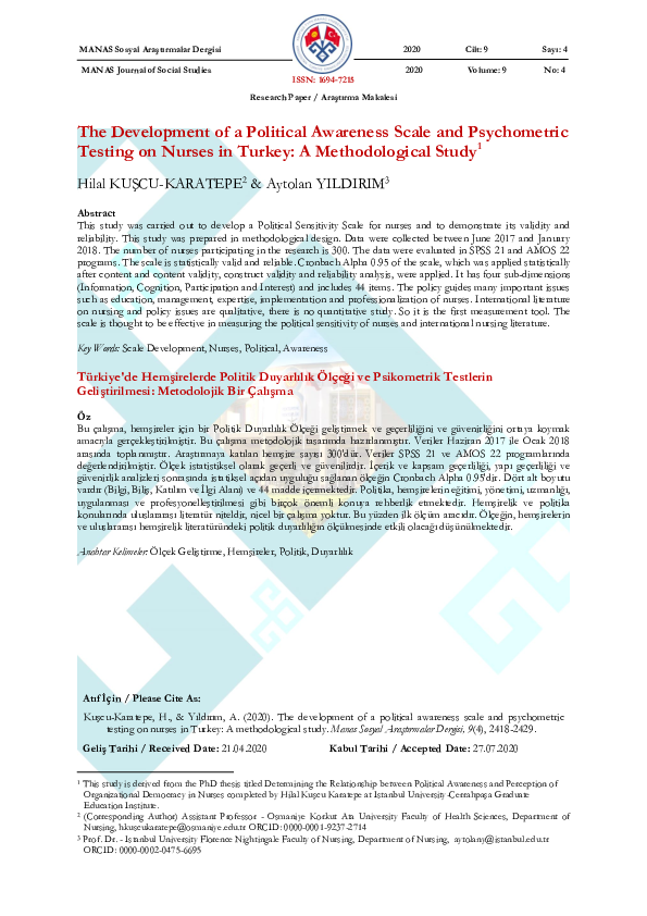 (PDF) The Development of a Political Awareness Scale and Psychometric ...