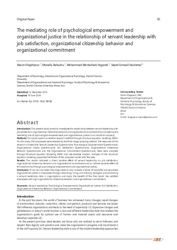(PDF) The mediating role of psychological empowerment and organizational justice in the ...
