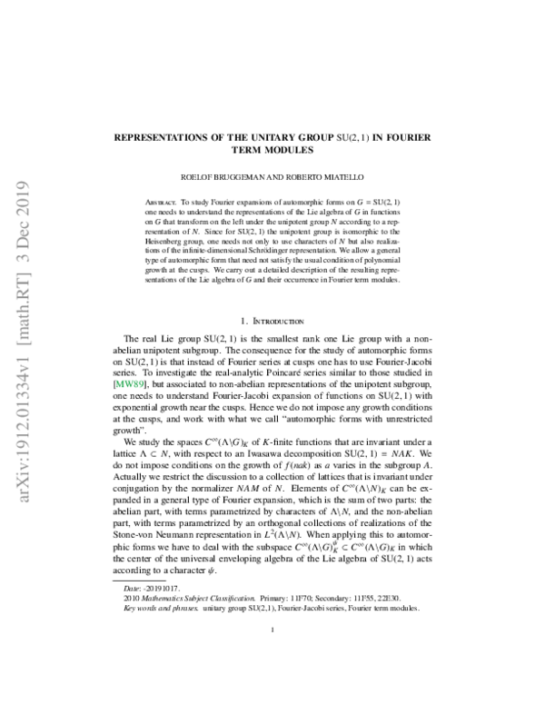 (PDF) Representations of the unitary group SU(2,1) in Fourier term modules