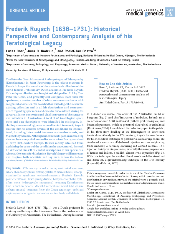 (PDF) Frederik Ruysch (1638-1731): Historical perspective and ...