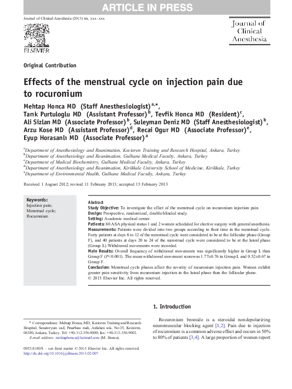 (PDF) Effects of the menstrual cycle on injection pain due to rocuronium