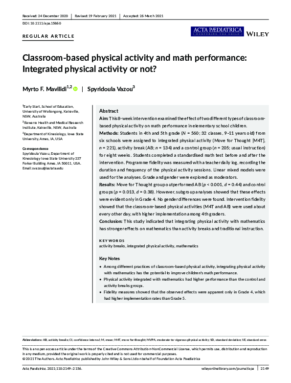 (PDF) Classroom‐based physical activity and math performance ...