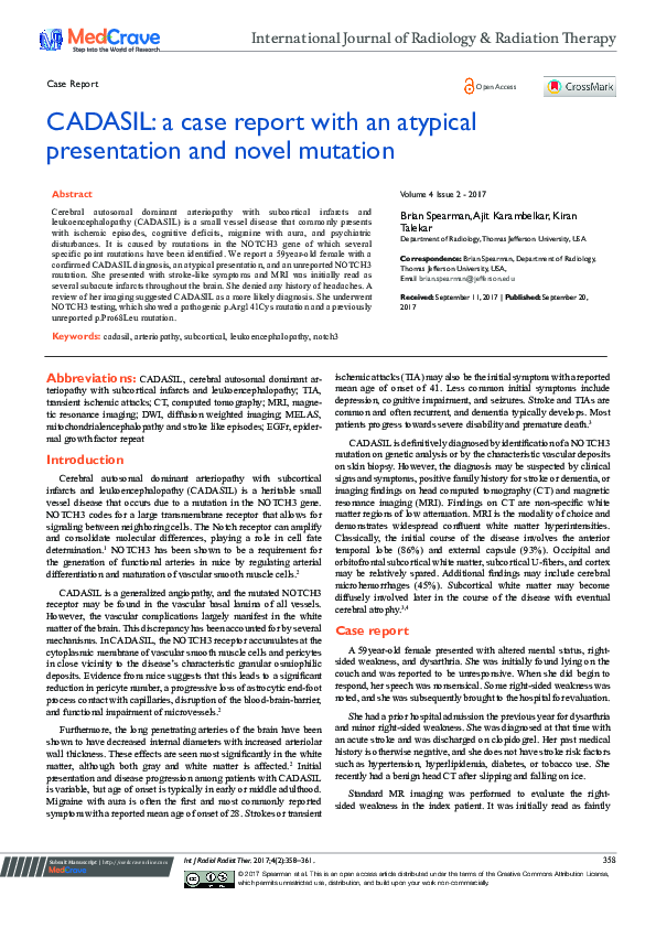 (PDF) CADASIL: A Case Report with an Atypical Presentation and Novel ...