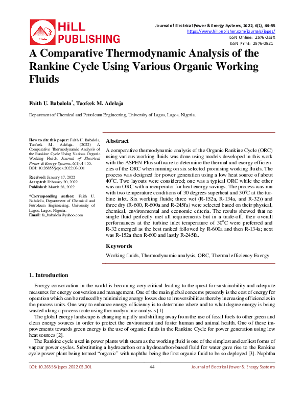 (PDF) A Comparative Thermodynamic Analysis of the Rankine Cycle Using Various Organic Working Fluids