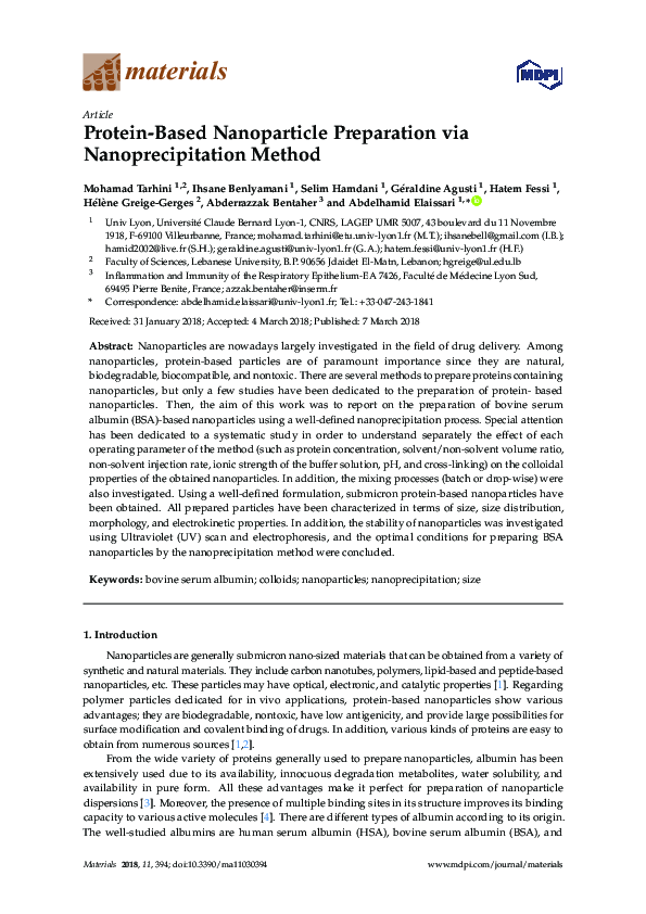 (PDF) Protein-Based Nanoparticle Preparation via Nanoprecipitation Method