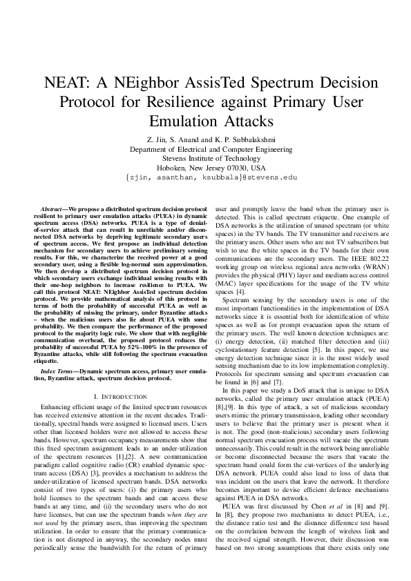 (PDF) NEAT : A NEighbor AssisTed Spectrum Decision Protocol for Resilience against Primary User ...