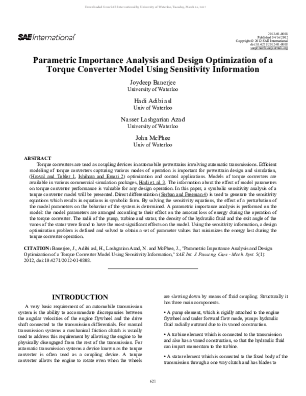(PDF) Parametric Importance Analysis and Design Optimization of a Torque Converter Model Using ...