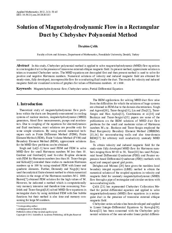 Pdf Solution Of Magnetohydrodynamic Flow In A Rectangular Duct By Chebyshev Collocation Method