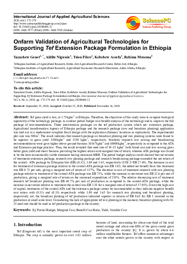 Pdf Onfarm Validation Of Agricultural Technologies For Supporting Tef Extension Package