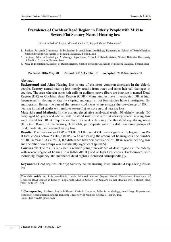 (PDF) Prevalence of Cochlear Dead Region in Elderly People with Mild to ...