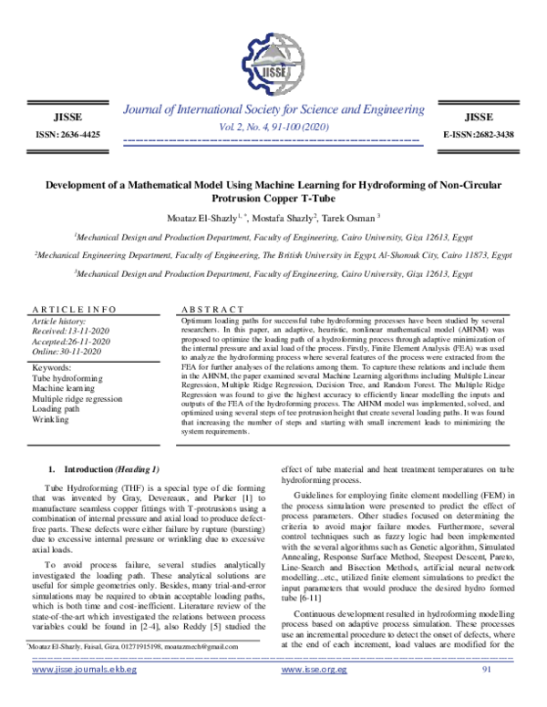 (PDF) Development of a Mathematical Model Using Machine Learning for Hydroforming of Non ...