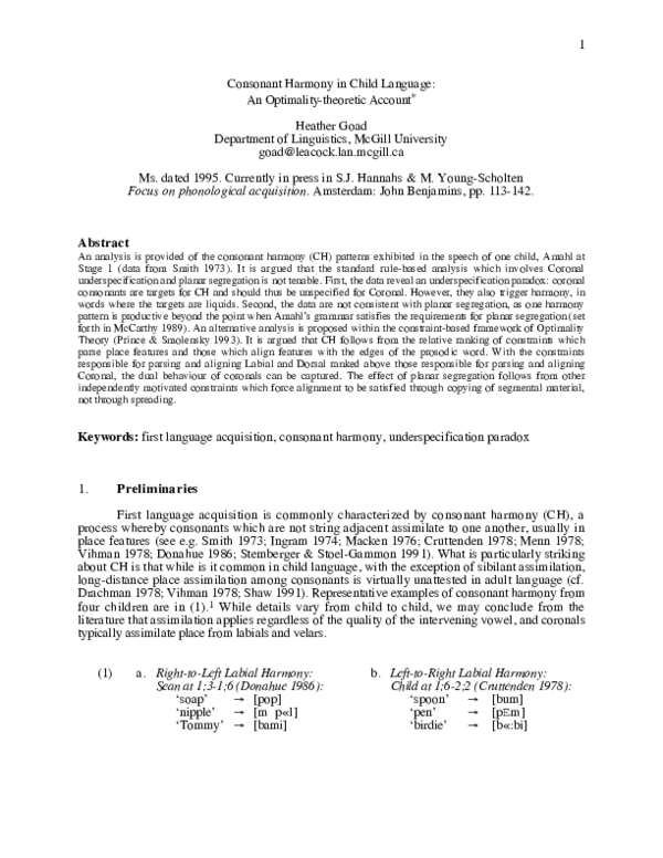 (PDF) Consonant harmony in child language | Heather Goad - Academia.edu