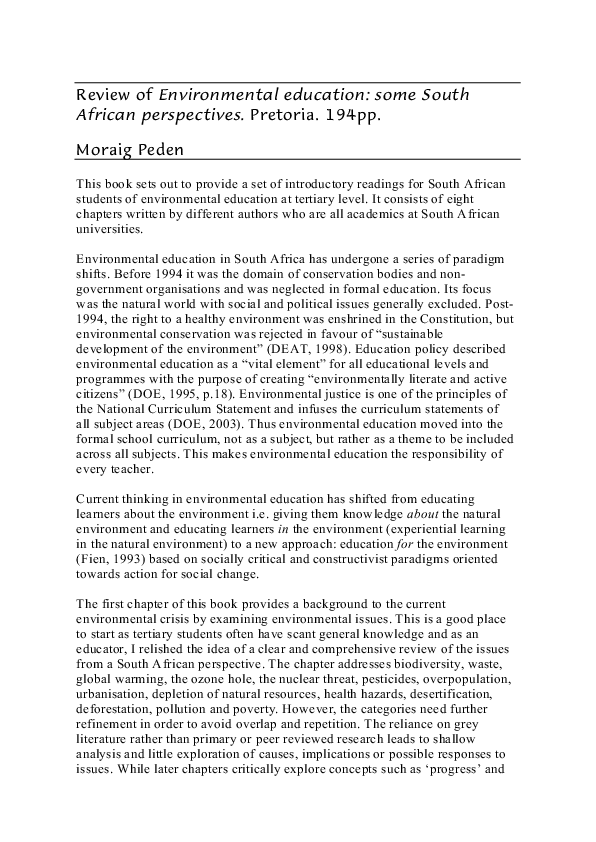 (PDF) Review of Environmental education: some South African ...