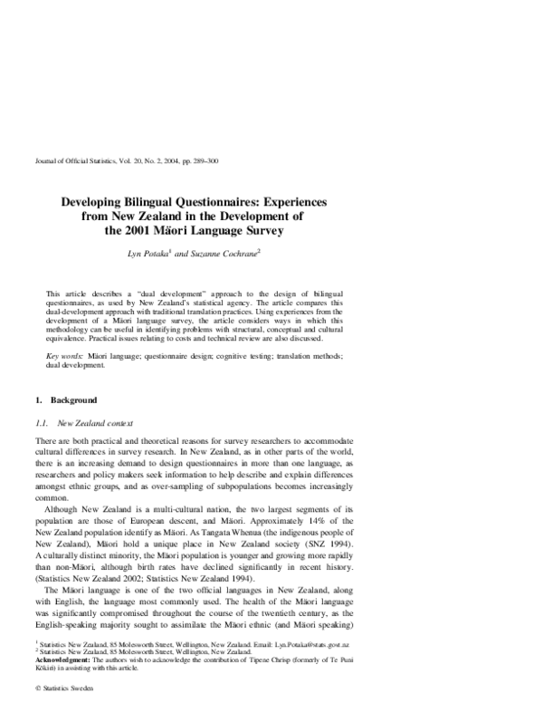(PDF) Developing bilingual questionnaires: Experiences from New Zealand ...