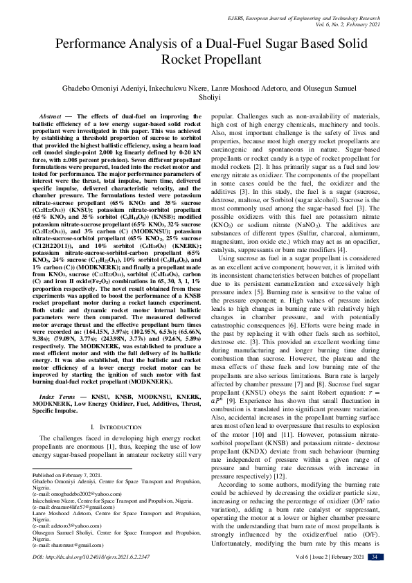 (PDF) Performance Analysis of a Dual-Fuel Sugar Based Solid Rocket ...