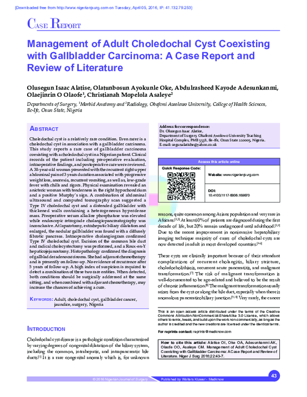 (PDF) Management of Adult Choledochal Cyst Coexisting with Gallbladder Carcinoma: A Case Report ...
