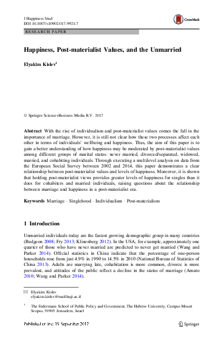 (PDF) Happiness, Post-materialist Values, and the Unmarried