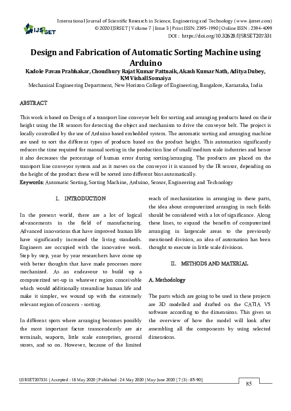 Pdf Design And Fabrication Of Automatic Sorting Machine Using Arduino