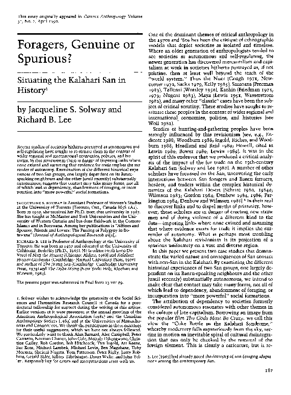 (PDF) Foragers, Genuine or Spurious?: Situating the Kalahari San in History