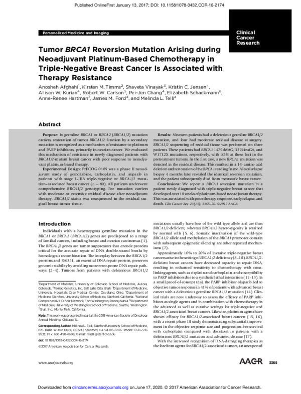 (PDF) Tumor BRCA1 Reversion Mutation Arising During Neoadjuvant ...