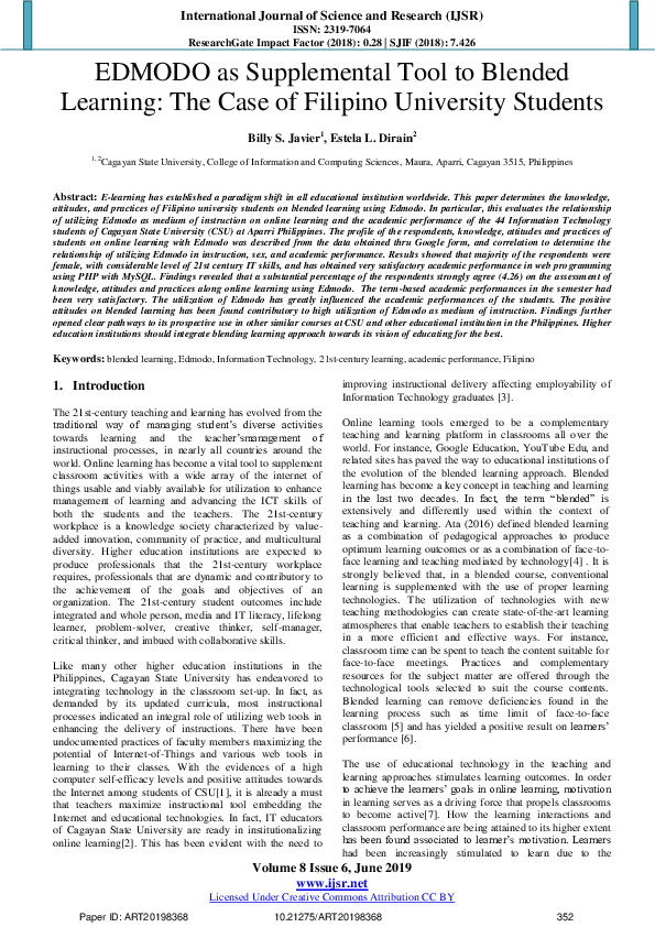 (PDF) EDMODO as Supplemental Tool to Blended Learning: The Case of Filipino University Students