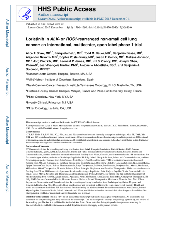 (PDF) Lorlatinib in non-small-cell lung cancer with ALK or ROS1 rearrangement: an international ...