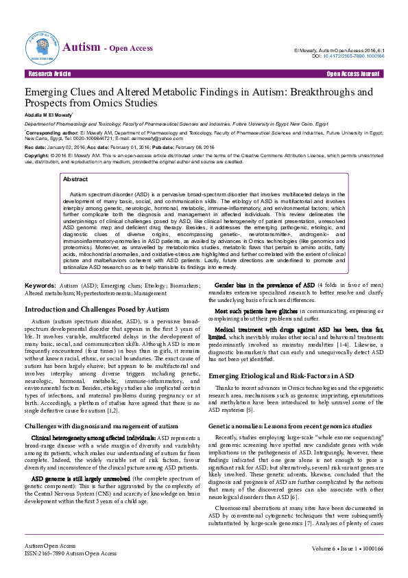 (PDF) Emerging Clues and Altered Metabolic Findings in Autism: Breakthroughs and Prospects from ...