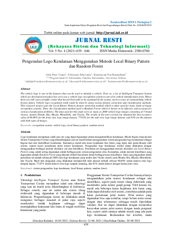 Pdf Pengenalan Logo Kendaraan Menggunakan Metode Local Binary Pattern Dan Random Forest