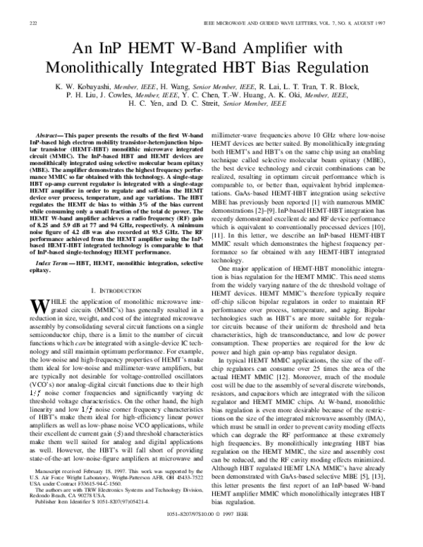 (PDF) An InP HEMT W-band amplifier with monolithically integrated HBT bias regulation