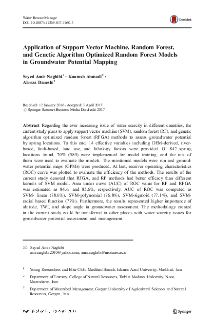 Pdf Application Of Support Vector Machine Random Forest And Genetic Algorithm Optimized