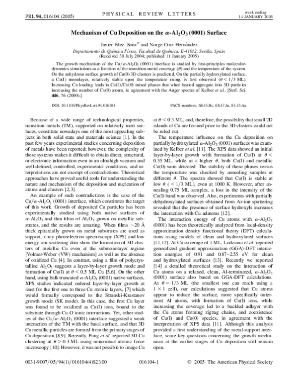 (PDF) Mechanism of Cu deposition on the alpha-Al2O3 (0001) surface