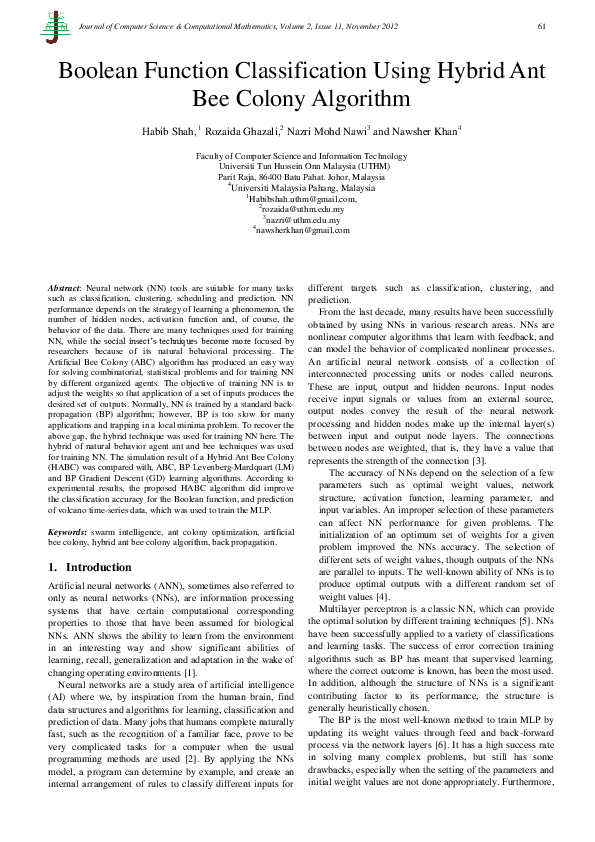 Pdf Boolean Function Classification Using Hybrid Ant Bee Colony Algorithm