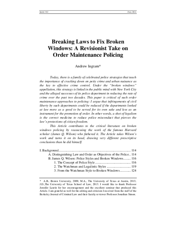 (PDF) Breaking Laws to Fix Broken Windows: A Revisionist Take on Order ...