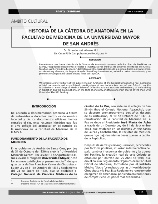 (PDF) Historia De La C tedra De Anatom a en La Facultad De Medicina De La Universidad Mayor De ...