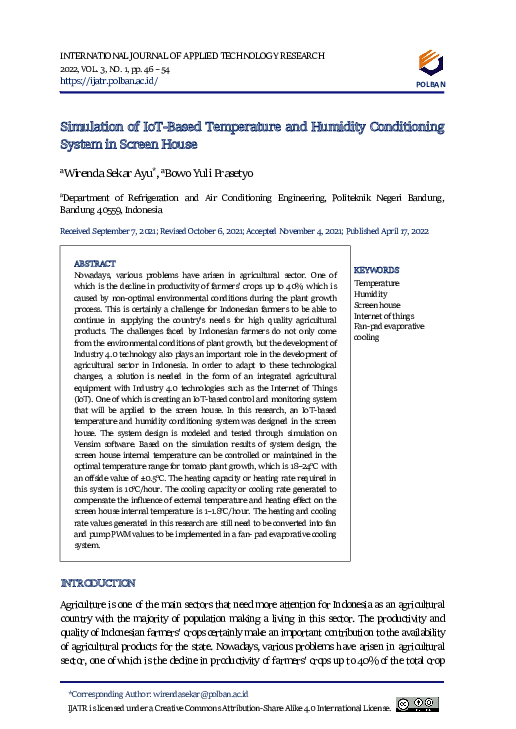 Pdf Simulation Of Iot Based Temperature And Humidity Conditioning System In Screen House
