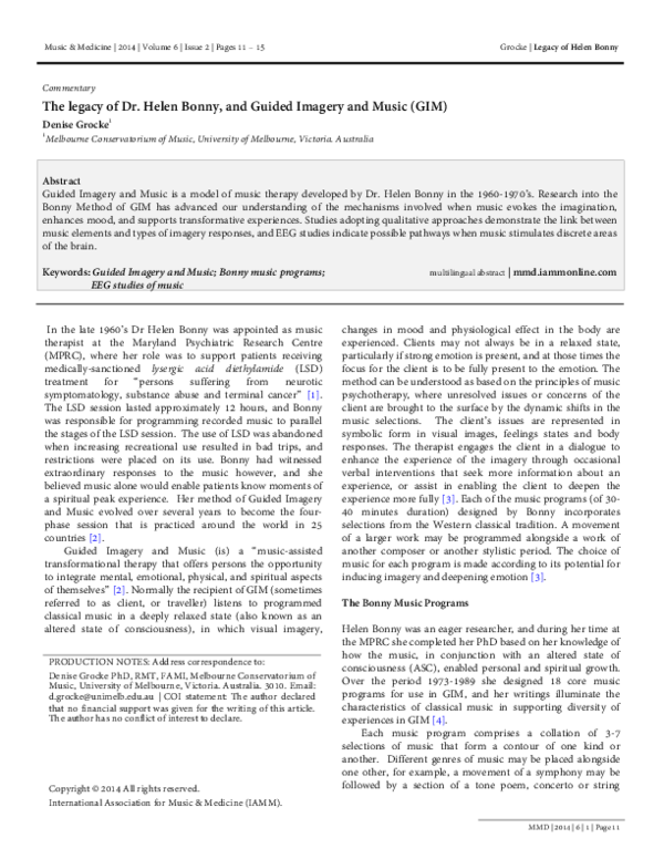 (PDF) The Legacy of Dr. Helen Bonny, and Guided Imagery and Music (GIM)