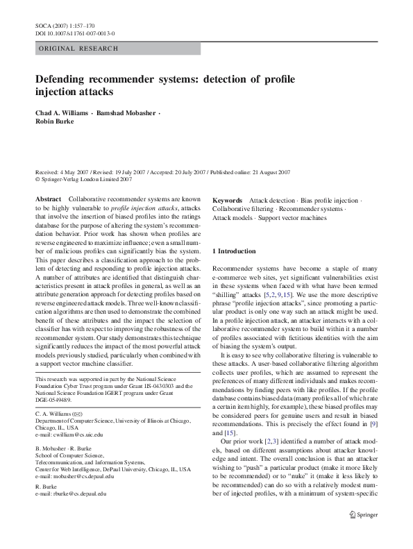 Pdf Defending Recommender Systems Detection Of Profile Injection Attacks