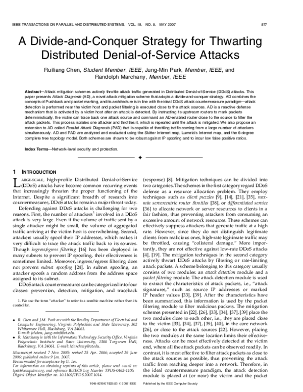 (PDF) A Divide-and-Conquer Strategy for Thwarting Distributed Denial-of-Service Attacks