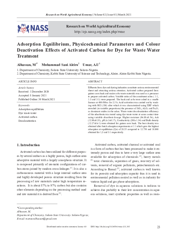 (PDF) Adsorption Equilibrium, Physicochemical Parameters and Colour Deactivation Effects of ...