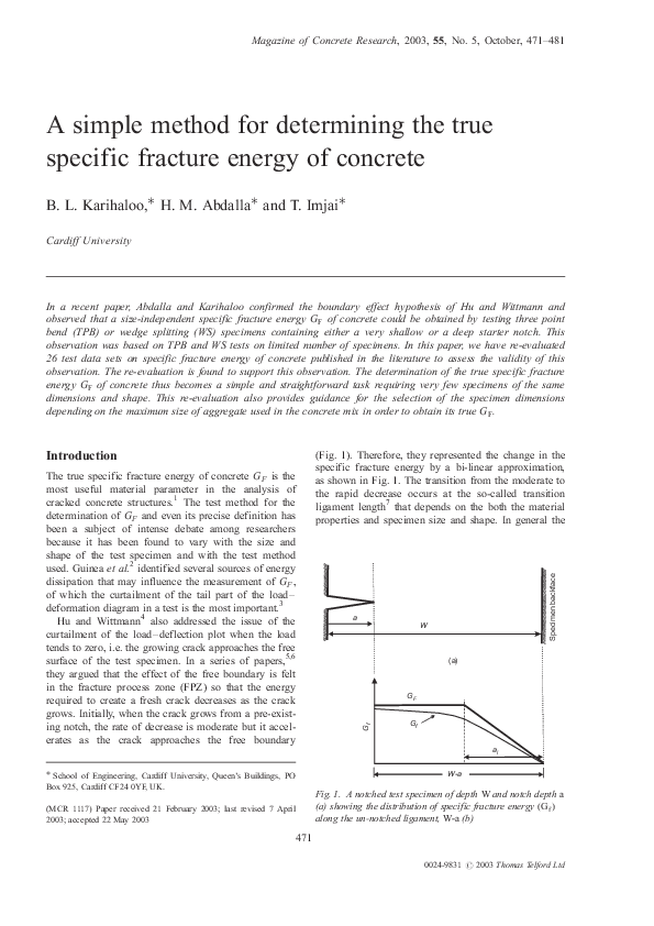 Pdf A Simple Method For Determining The True Specific Fracture Energy Of Concrete