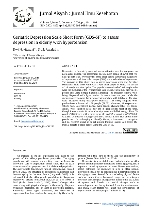 (PDF) Geriatric Depression Scale Short Form (GDS-SF) to assess ...