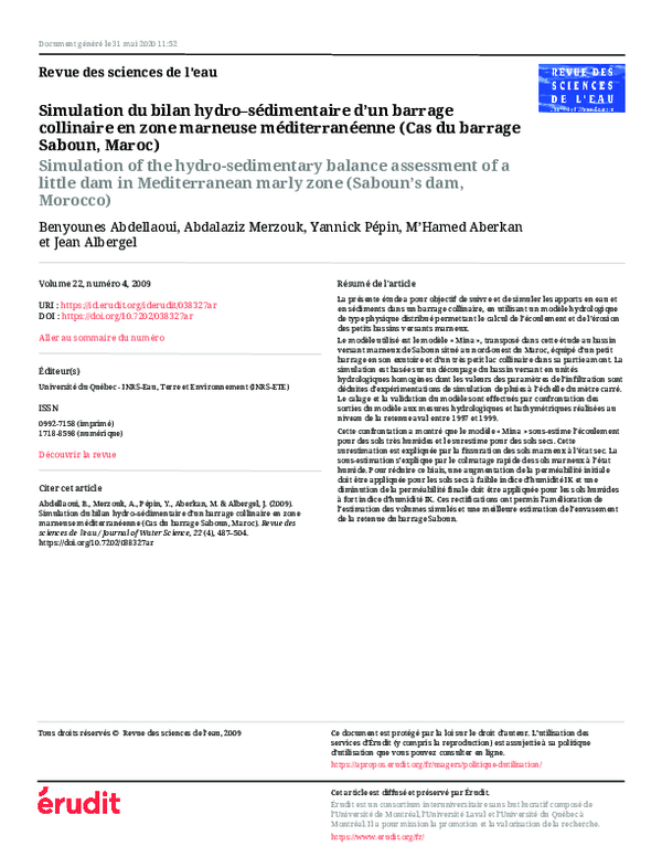 (PDF) Simulation du bilan hydro–sédimentaire d’un barrage collinaire en ...