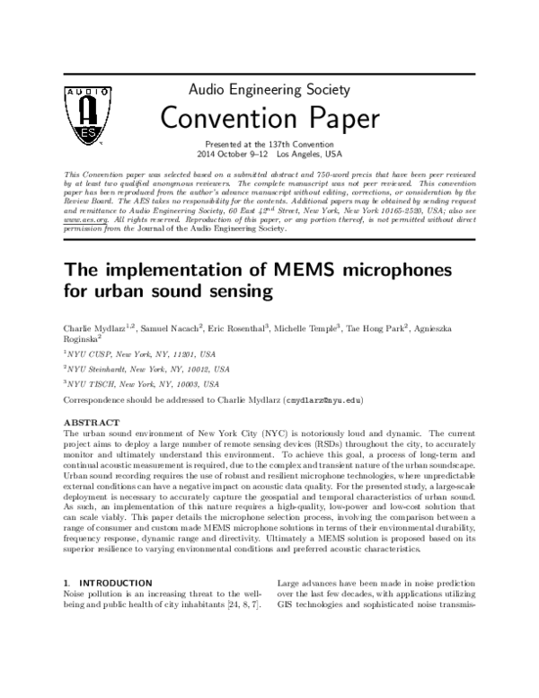 (PDF) The Implementation of MEMS Microphones for Urban Sound Sensing