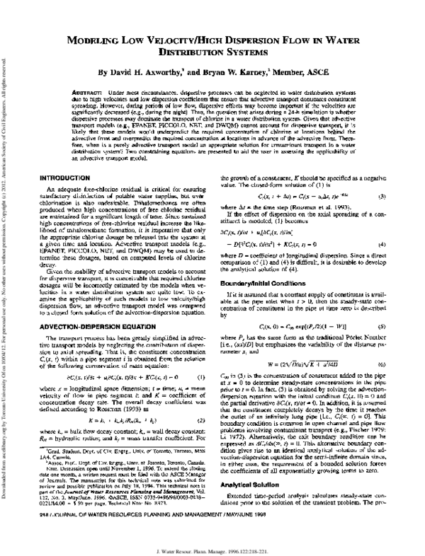 (PDF) Modeling Low Velocity/High Dispersion Flow in Water Distribution ...