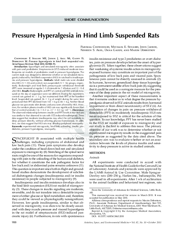 (PDF) Pressure Hyperalgesia in Hind Limb Suspended Rats