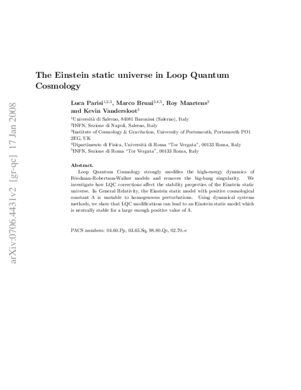 Pdf The Einstein Static Universe In Loop Quantum Cosmology Luca
