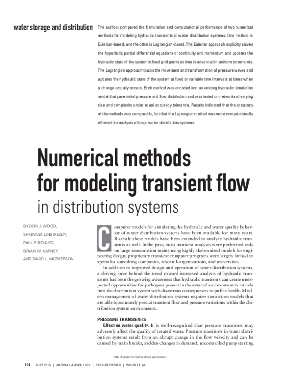 Pdf Numerical Methods For Modeling Transient Flow In Distribution Systems