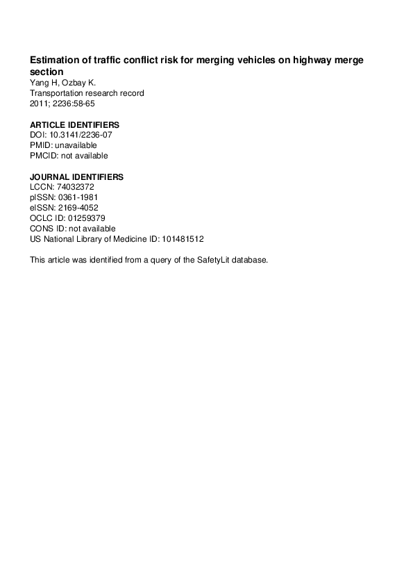 (PDF) Traffic Conflict Risk Estimation for Merging Vehicles