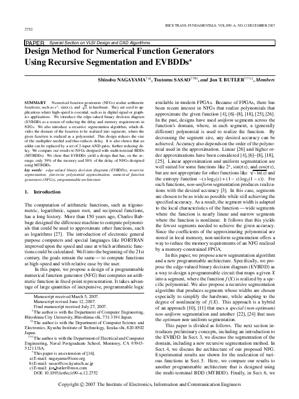 Pdf Design Method For Numerical Function Generators Using Recursive Segmentation And Evbdds